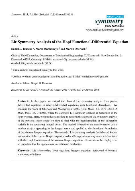 Pdf Lie Symmetry Analysis Of The Hopf Functional Differential Equation