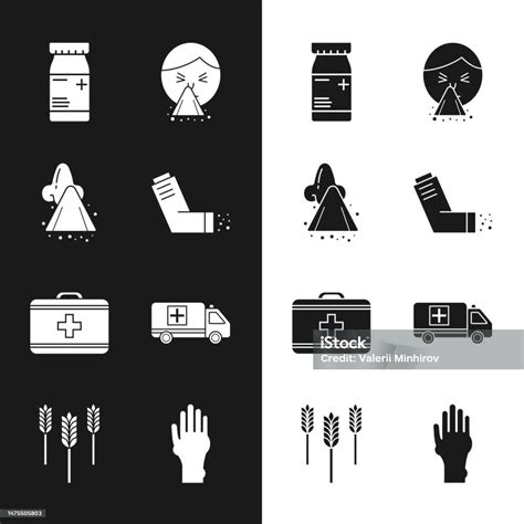 흡입기 콧물 약병 및 알약 그의 콧물에 손수건 응급 처치 키트 응급 차량 건선 또는 습진 및 밀 아이콘을 설정합니다 벡터 건강