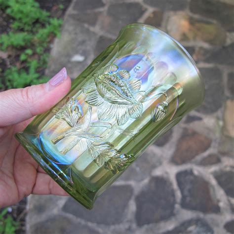 Antique Northwood Oriental Poppy Lime Green Carnival Glass Tumbler Ribbed Int Carnival Glass
