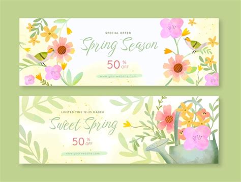 수채화 봄 가로 판매 배너 서식 파일 무료 벡터