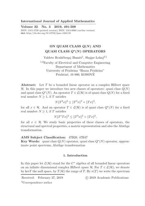 Pdf On Quasi Class Qn And Quasi Class Qn Operators