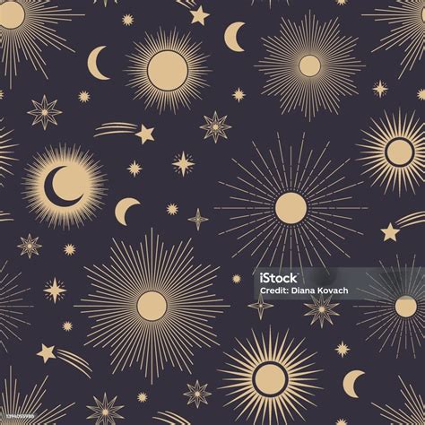 손으로 그려진 다른 태양 달 일광욕 별의 원활한 패턴 천체 공간 벡터 인사말 카드 초대장 벽지 포장지 직물에 대한 마법의 공간 은하 스케치 일러스트 레이 션 별 모양에 대한