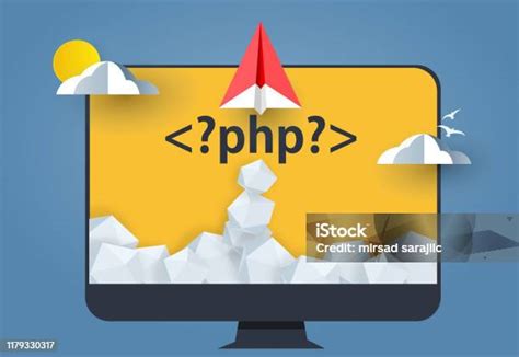 Php 태그와 Pc 모니터에서 종이 비행기 또는 로켓 발사 Php 프로그래밍 언어에 대한 스톡 벡터 아트 및 기타 이미지
