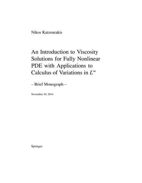 Pdf An Introduction To Viscosity Solutions For Fully Nonlinear 2nd Order Pde And Applications