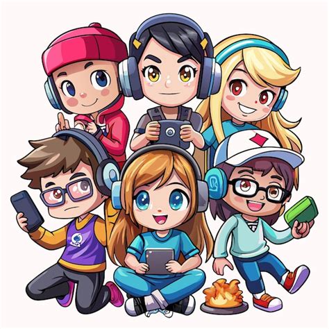 Group Of Five Cartoon Characters Each Wearing Headphones And Holding