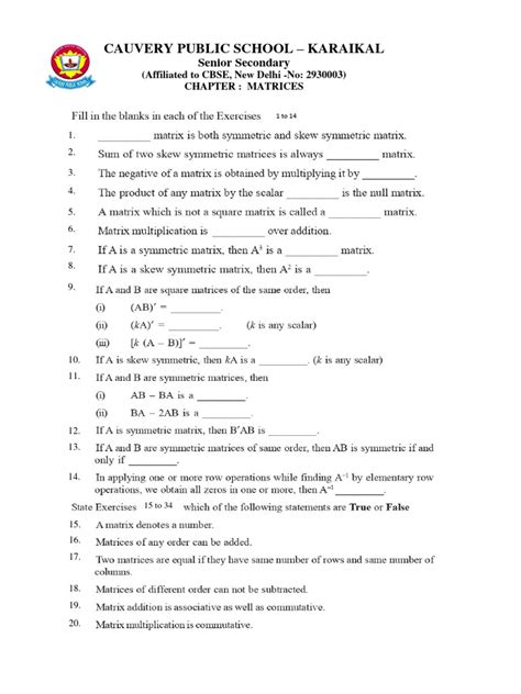 Matrices Question Paper Pdf Science And Mathematics