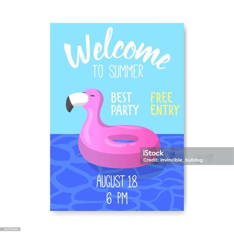 풀 파티 포스터 배너 초대 풍선 핑크 플라밍고와 여름 브로슈어입니다 플라이어 템플릿 비치 파티입니다 벡터 일러스트 레이 션