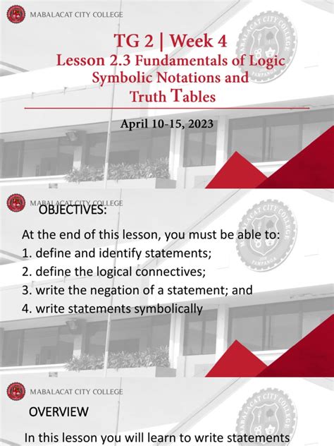 Math 101 Week 4 Lesson 23 Symbolic Notations And Truth Tables Pdf