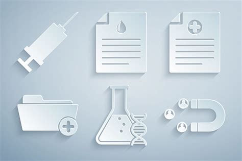Dna 연구 검색 임상 기록 건강 폴더 고객 유치 혈액 검사가있는 클립 보드 및 주사기 아이콘을 설정합니다 벡터 3차원 형태에 대한 스톡 벡터 아트 및 기타 이미지 Istock