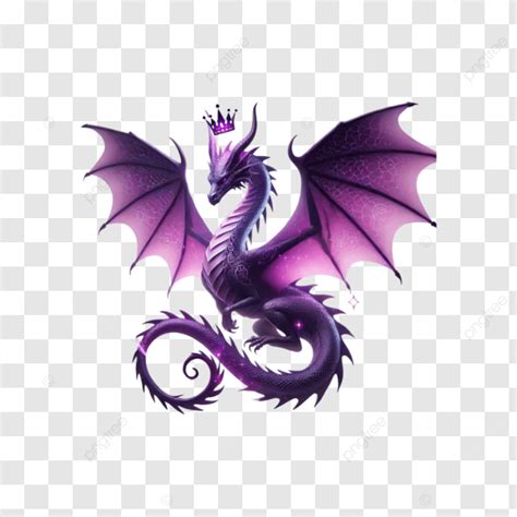 تنين أرجواني مهيب بأجنحة منتشرة وتاج ذهبي في عالم غامض التنين