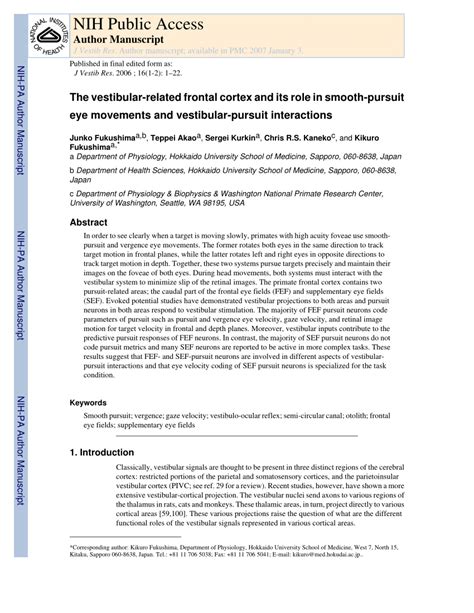 Pdf The Vestibular Related Frontal Cortex And Its Role In Smooth Pursuit Eye Movements And
