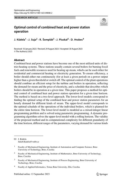 Pdf Optimal Control Of Combined Heat And Power Station Operation