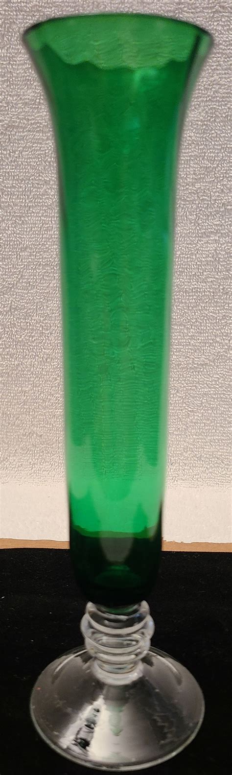 Vintage Emerald Green Fluted Glass Bud Vase With Clear Base Etsy