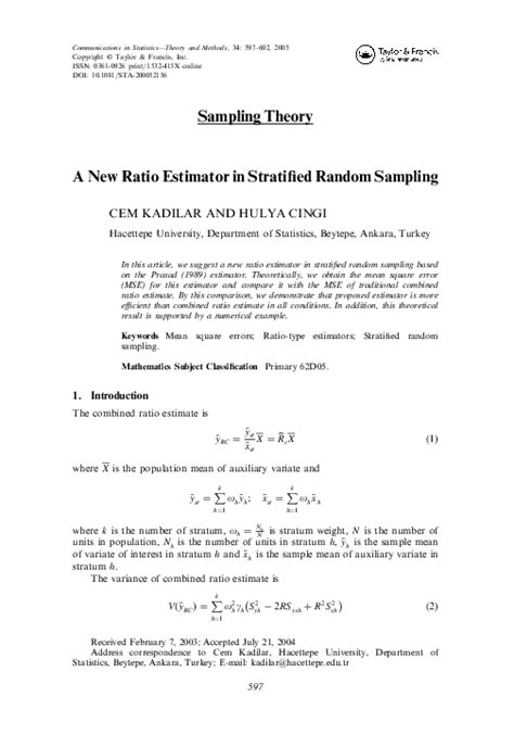 Pdf A New Ratio Estimator In Stratified Random Sampling