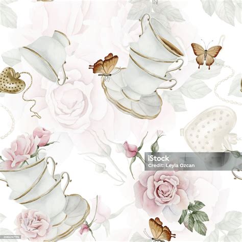 로즈힙 핑크 꽃 빨간 열매 잎 백자 찻잔 및 나비 흰색 바탕에 수채화 완벽 한 패턴 차 뜨거운 음료에 대한 스톡 벡터 아트 및 기타 이미지 차 뜨거운 음료 컵 0명