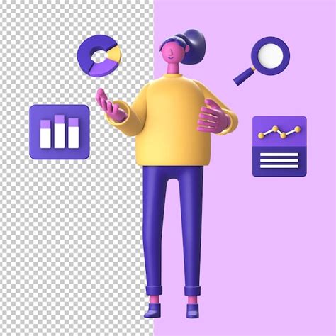 Ui Ux 웹 모바일 앱 소셜 미디어용 통계 인포그래픽 차트가 있는 3d 캐릭터 프리미엄 Psd 파일