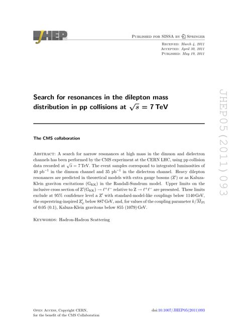 Pdf Search For Resonances In The Dilepton Mass Distribution In Pp Collisions At Sqrt S 7 Tev