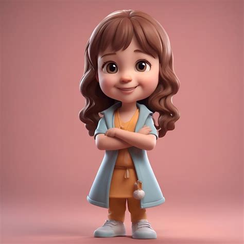 Menina Bonita Com Os Braços Cruzados Renderização 3d Personagem De