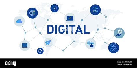Digital Technology Bit Code Concept Illustrated Interconnected Blue Icons White Background Wide