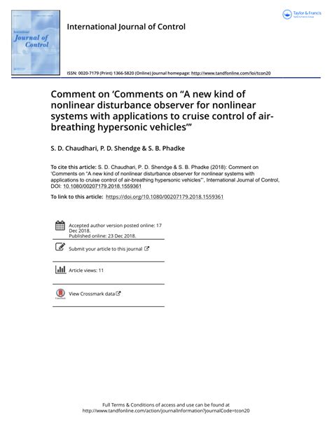 Pdf Comment On ‘comments On “a New Kind Of Nonlinear Disturbance Observer For Nonlinear