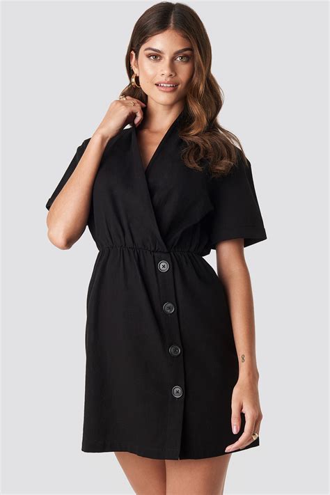 Na Kd Button Up Overlapped Linen Look Dress Black ModeSens