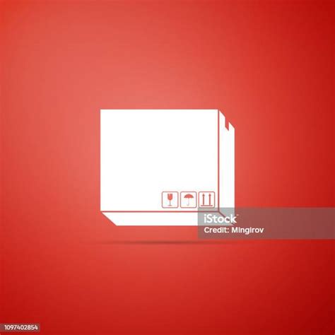 교통 기호 아이콘이 빨간색 배경에 고립 된 판지 골 판지 상자 상자 패키지 소포 기호입니다 배달 및 포장 운송 및 배송 평면