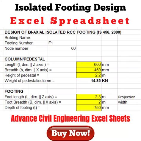 Design Of Isolated Rcc Footing Excel Sheet Is 456 2000 Civil