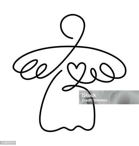 심장 연속 선 그리기 옷 및 로고 디자인 인쇄 엠블럼 또는 실루엣 한 줄 고립 된 추상 일러스트 레이 션을 가진 벡터 간단한 크리스마스 천사 일러스트레이션에 대한 스톡 벡터