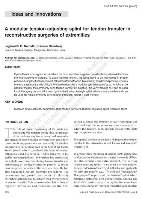 Pdf Ideas And Innovations A Modular Tension Adjusting Splint For Tendon Transfer In