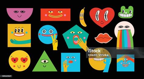 미친 추상 만화 기하학적 모양 캐릭터 요소와 얼굴의 컬렉션 밝은 색상 만화 스타일 벡터 일러스트 레이 션 귀여운에 대한 스톡 벡터 아트 및 기타 이미지 Istock