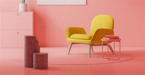 노란색 안락의자가 있는 분홍색 거실 내부에는 책과 벽에 세로 포스터가 있는 커피 테이블 근처에 서 있습니다 3d 렌더링 모형 사진 Unsplash의 포스터 이미지