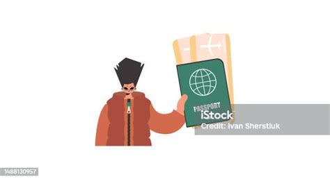 개인은 비자를 소지하고 손에 든 티켓을 봅니다 백인 설립에 보관 트렌디한 스타일 벡터 일러스트레이션 공항에 대한 스톡 벡터 아트 및 기타 이미지 Istock