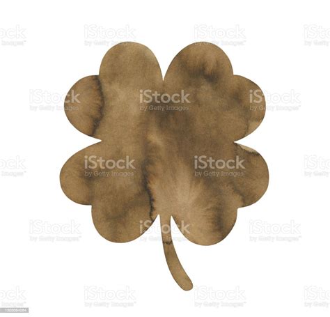 예술적인 브러시 스트로크와 네 잎 클로버의 수채화 모양 아름다운 갈색 행운의 상징 손으로 그린 수채화 스케치 일러스트레이션