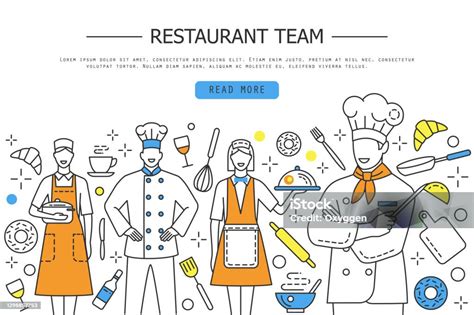요리사 조수 웨이트리스 또는 안주인 등의 레스토랑 팀 캐릭터 선형 스타일 벡터의 레스토랑 직원의 그룹 케이터링 팀 전문가 직원에