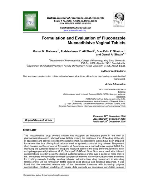 Pdf Formulation And Evaluation Of Fluconazole Mucoadhisive Vaginal Tablets