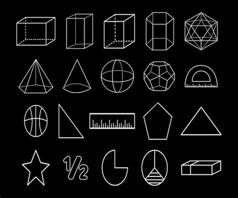 벡터 기하학적 모양 큐브 콘 오각형 피라미드 실린더 콘 팔면체 육각 프리즘 프리미엄 벡터