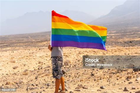 동성애의 상징인 사막에서 Lgbt 무지개 깃발을 자랑스럽게 들고 있는 청년의 측면 Lgbtqia 문화에 대한 스톡 사진 및 기타 이미지 Lgbtqia 문화 기 남자
