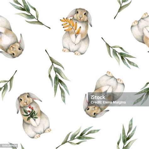 녹색을 가진 수채화 귀여운 토끼 토끼는 흰색 배경에 매끄러운 패턴을 남깁니다 손으로 그린 사랑스러운 토끼 나뭇가지 아이들 침대 시트와 옷을 위한 가을 식물 가을에 대한 스톡