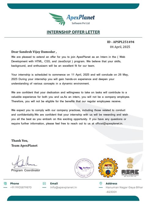 Apexplanet Software Pvt Ltd 🌟im Excited To Share That Ive Received An Internship Offer From