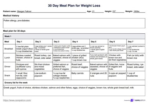 30 Day Meal Plan For Weight Loss And Example Free Pdf Download