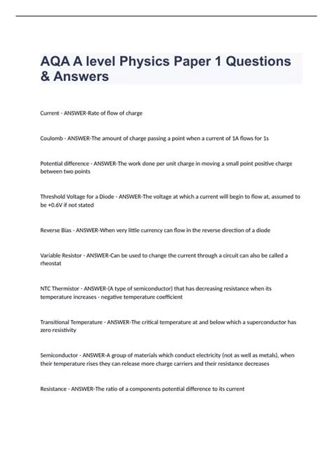 AQA A Level Physics Paper Questions Answers AQA A Stuvia US