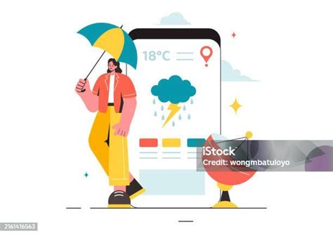 기상학자 벡터 일러스트 레이 션 날씨 예보 및 대기 강수량 맵 평면 스타일 만화 배경 디자인 감시에 대한 스톡 벡터 아트 및