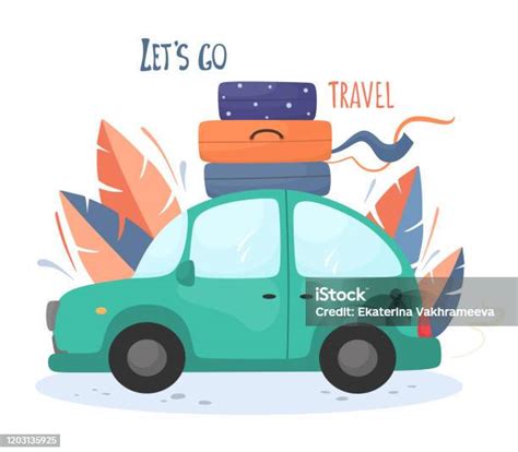 지붕에 여행 가방이있는 자동차가 여행을 간다 만화 플랫 스타일의 벡터 일러스트레이션입니다 글자 차에 대한 스톡 벡터 아트 및 기타 이미지 Istock