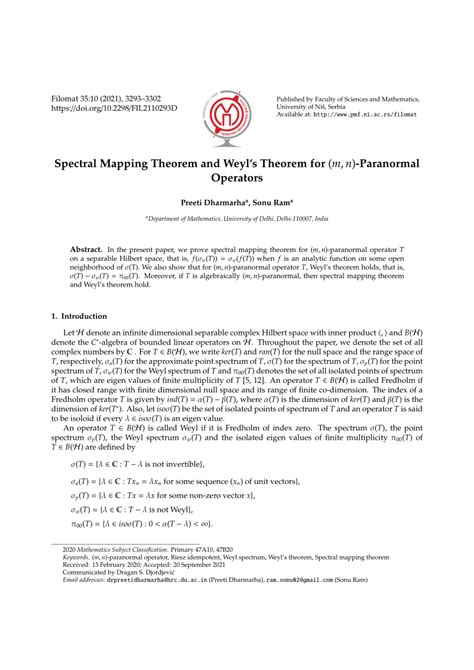 Pdf Spectral Mapping Theorem And Weyls Theorem For Mn Paranormal