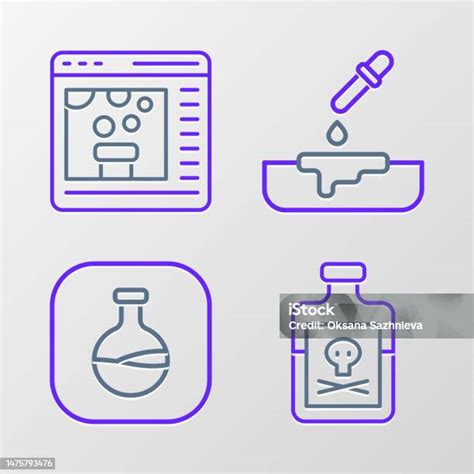 병 시험관 및 플라스크 피펫과 화학 물질 온라인 아이콘이 있는 페트리 접시에 있는 독을 설정합니다 벡터 건강 검진에 대한 스톡 벡터 아트 및 기타 이미지 Istock