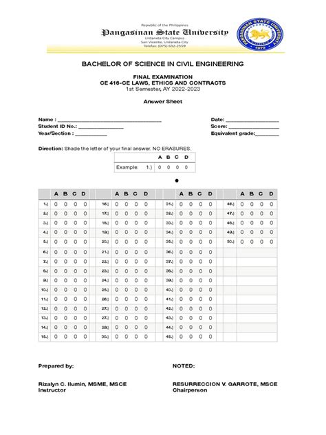 Final Exam Answer Sheet Pdf Educational Stages Titles