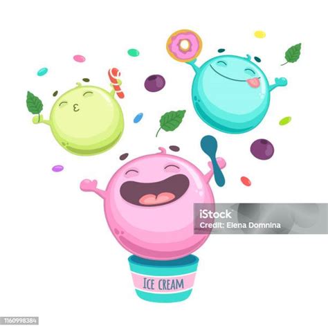 딸기 도넛 롤리팝 민트 사탕과 작은 숟가락 종이 컵에 아이스크림 공 만화 캐릭터 흰색 배경에 격리 된 귀여운 벡터 그림입니다 0명에 대한 스톡 벡터 아트 및 기타 이미지
