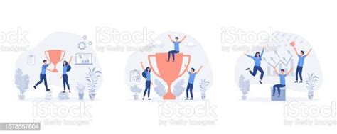 성공적인 팀 개념 사람들은 성공 달성을 축하하고 트로피 컵으로 공중으로 점프하고 플랫 벡터 현대 일러스트레이션을 설정합니다 강단에 대한 스톡 벡터 아트 및 기타 이미지