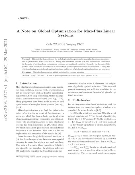 Pdf A Note On Global Optimization For Max Plus Linear Systems