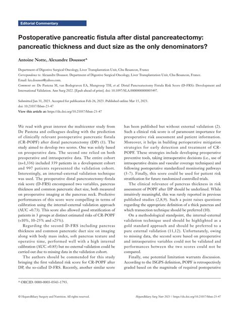 Pdf Postoperative Pancreatic Fistula After Distal Pancreatectomy Pancreatic Thickness And